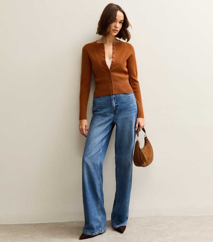 Tan Compact Knit Crew Neck Cardigan | New Look