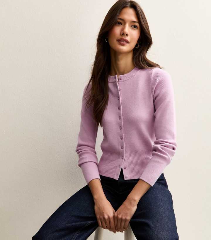 Lilac Compact Knit Crew Neck Cardigan | New Look