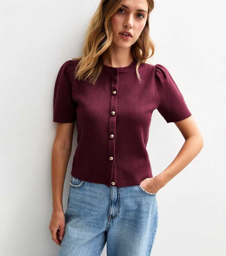 Burgundy Short Sleeve Crew Neck Cardigan | New Look