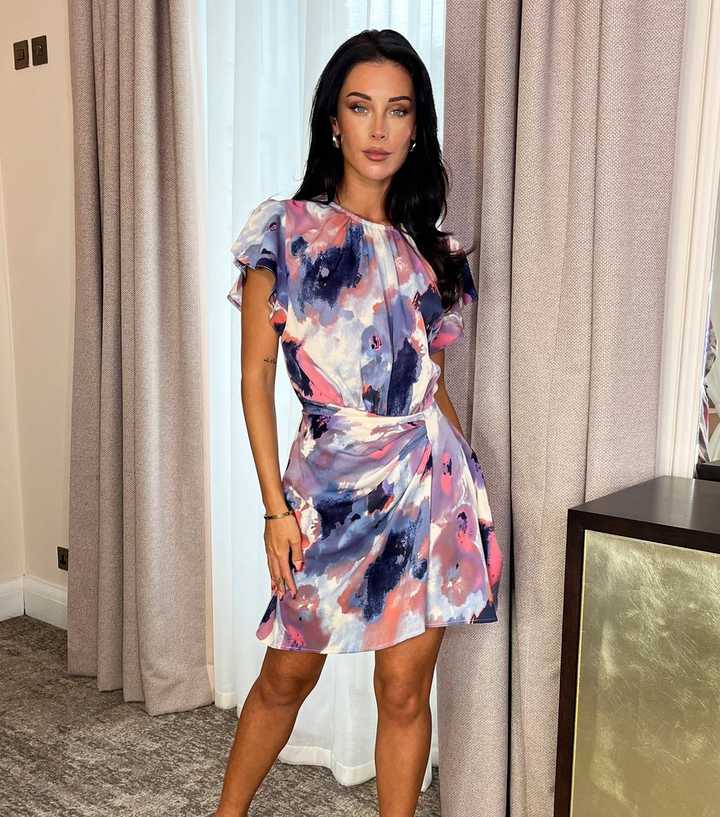 AX Paris Purple Smudge Print Flutter Sleeve Mini Dress | New Look