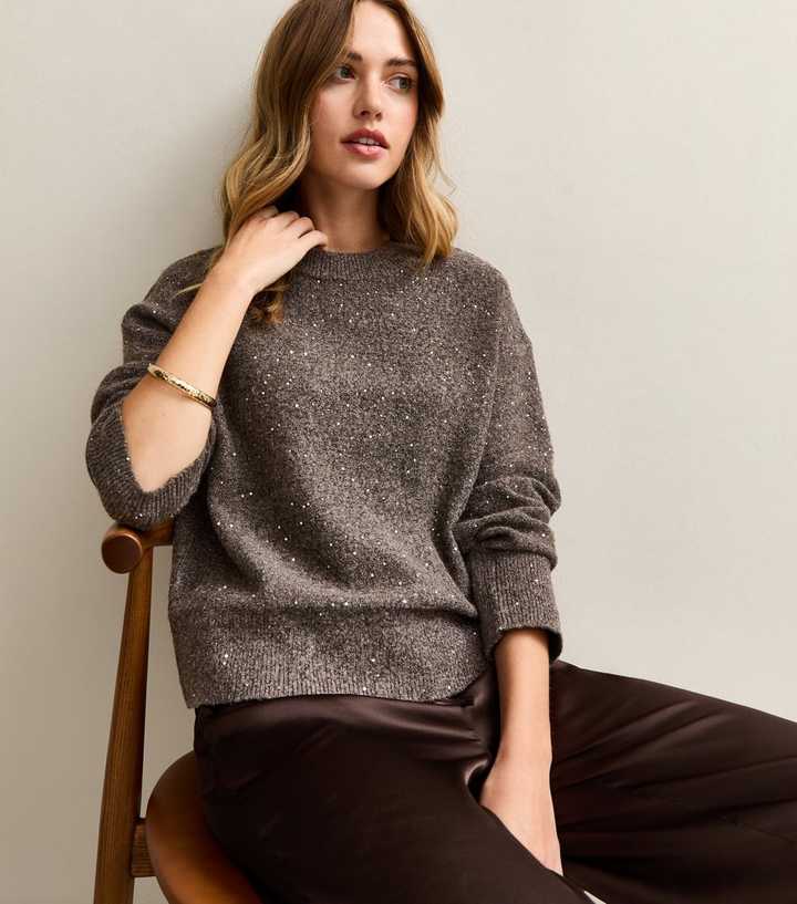 Mink Sequin Yarn Crew Neck Jumper | New Look