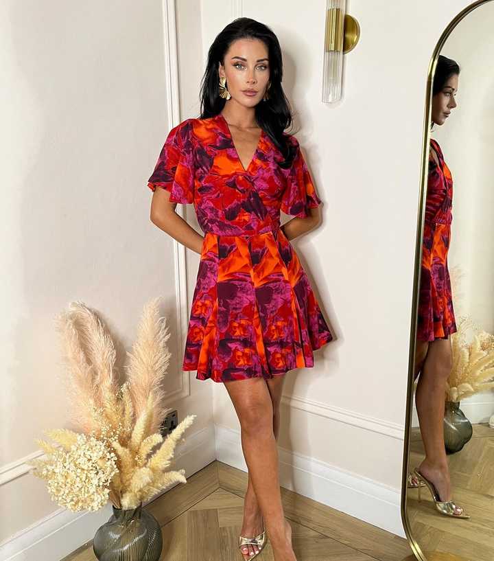 AX Paris Orange Abstract Print Wrap Skater Mini Dress | New Look