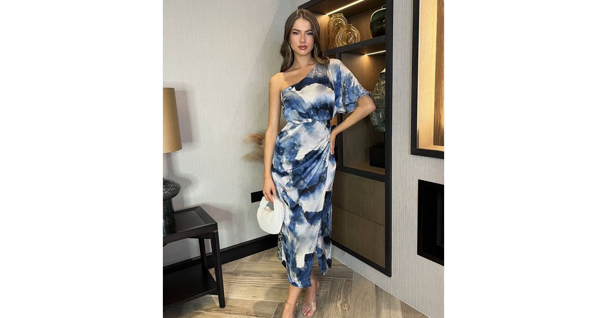 AX Paris Blue Marble Print One Shoulder Midi Dress | New Look