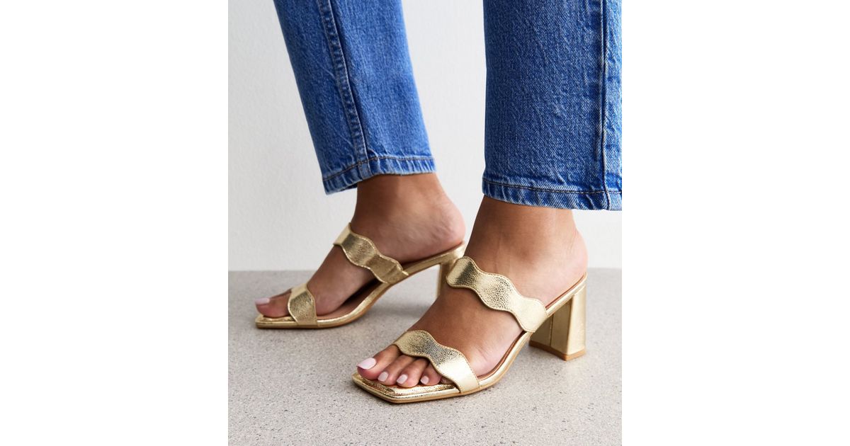 Gold Metallic Faux Leather Scalloped Strap Mule Sandals | New Look