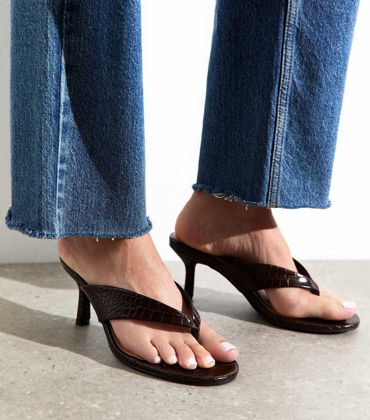 Dark Brown Faux Leather Toe Post Mules | New Look