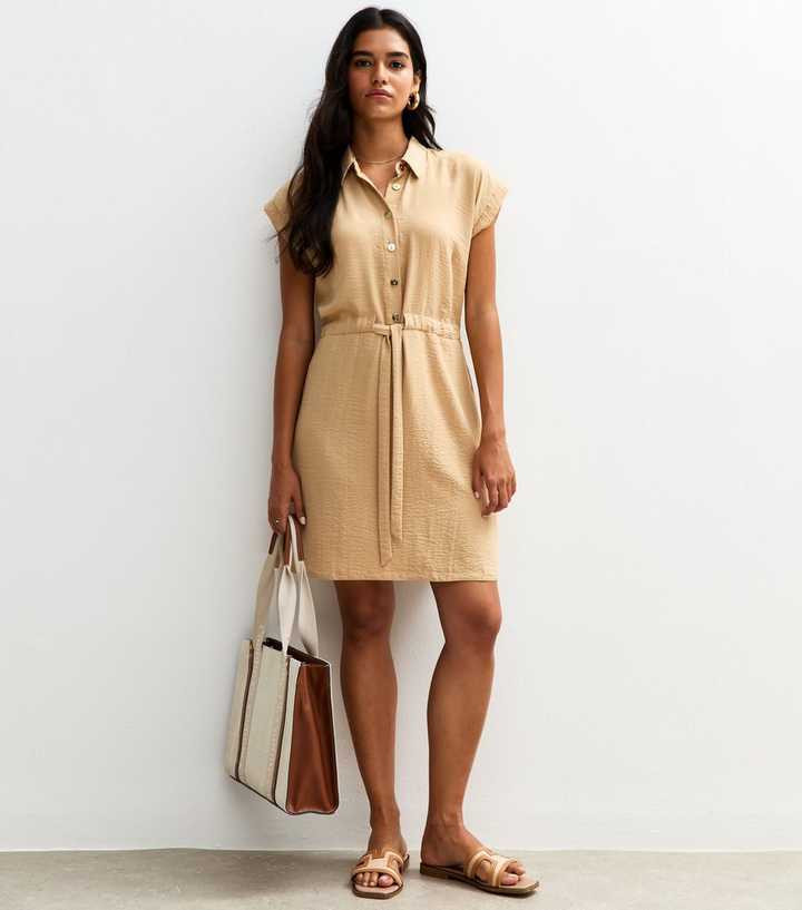 Stone Drawstring Waist Short Sleeve Mini Shirt Dress | New Look