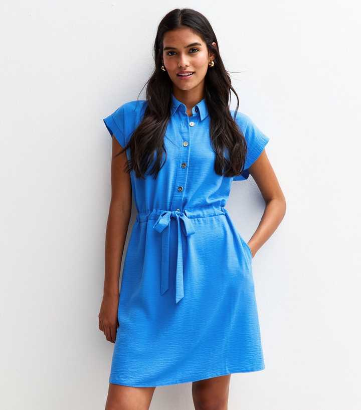 Blue Drawstring Waist Short Sleeve Mini Shirt Dress | New Look