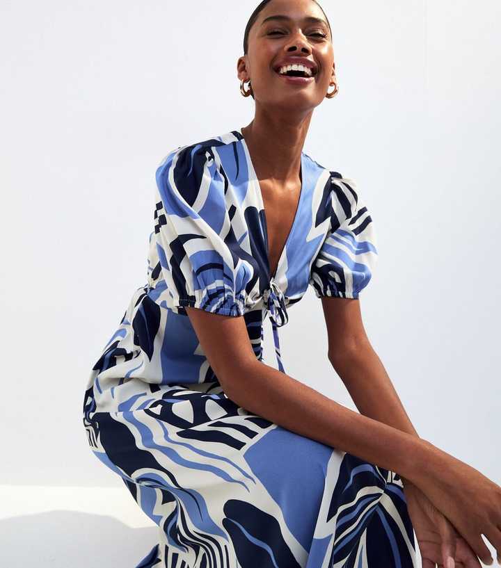 Blue Palm Tree Print Midi Dress | New Look