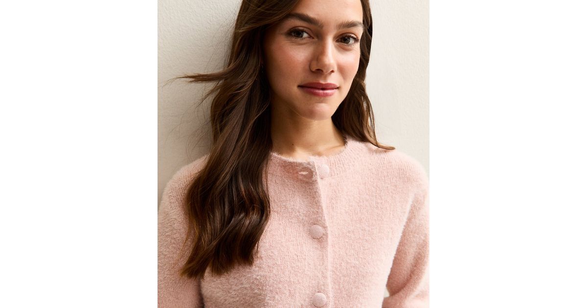 Petite Light Pink Fluffy Crew Neck Cardigan | New Look