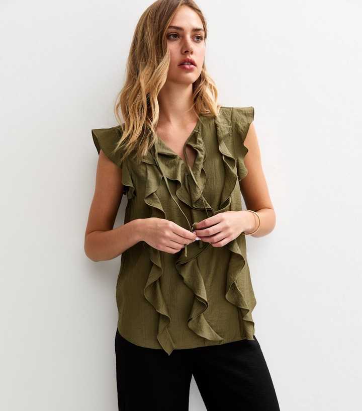 Dark Khaki Ruffle Front Tie Neck Top | New Look