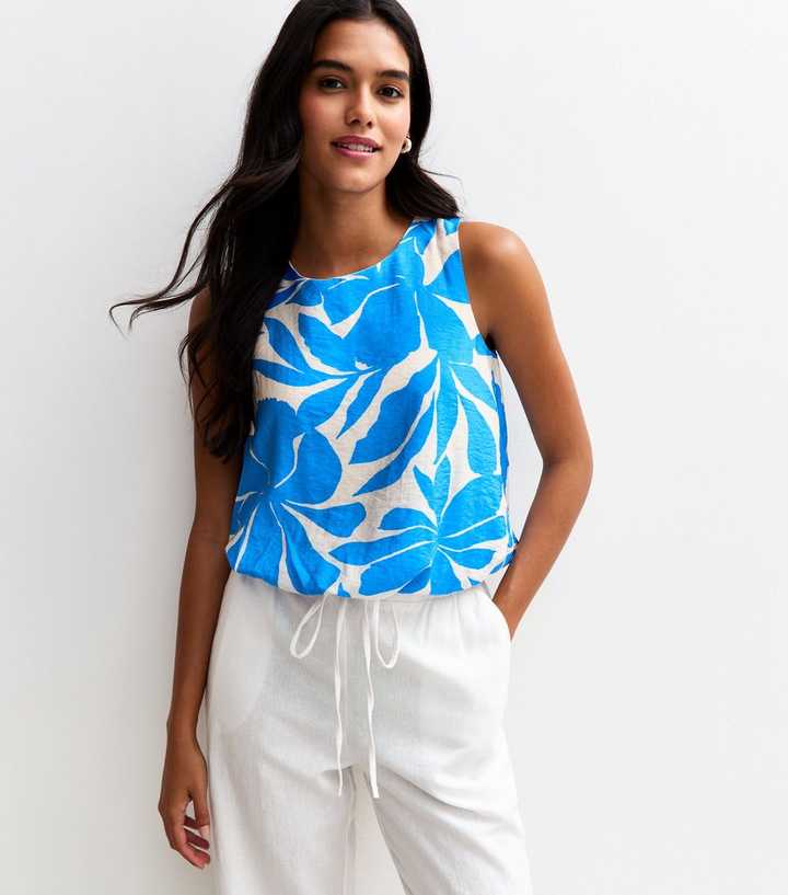 Blue Floral Print Bubble Hem Sleeveless Top | New Look