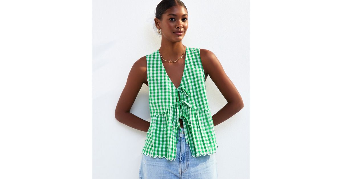 Green Gingham Check Tie Front Top | New Look