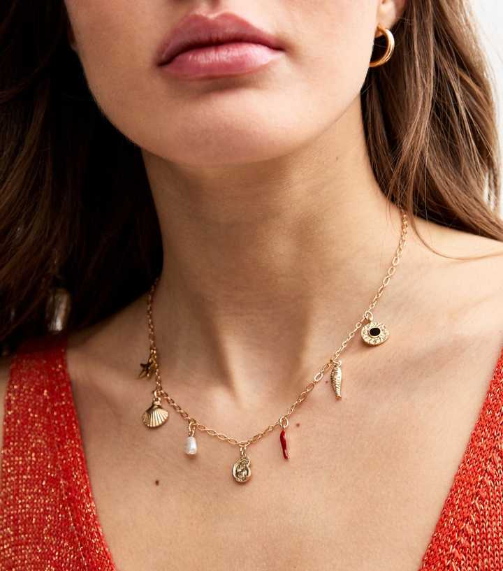 Gold Tone Mini Multi Charm Chain Necklace | New Look