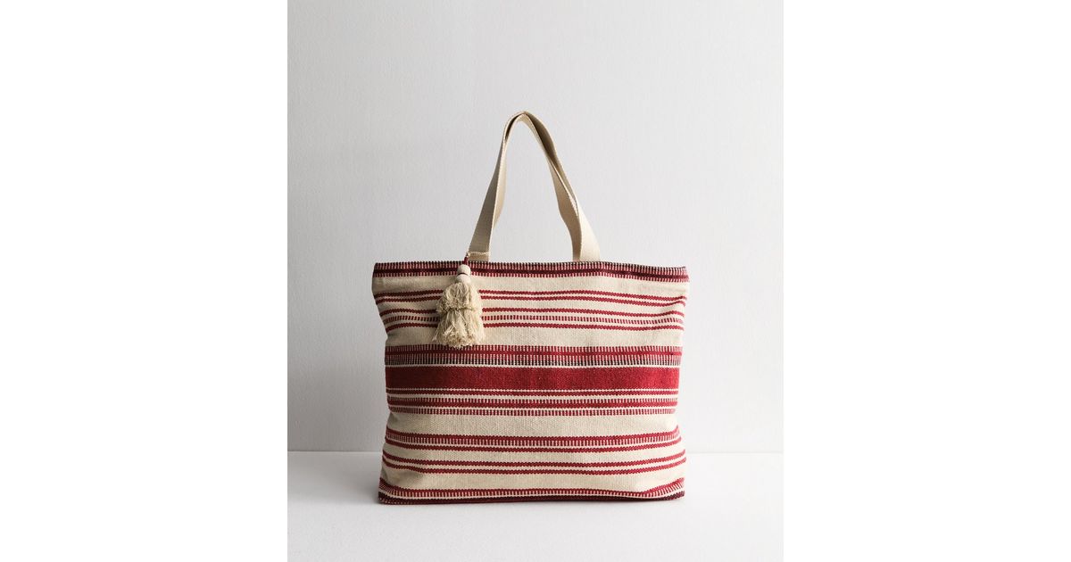 Red Woven Stripe Canvas Tote Bag | New Look