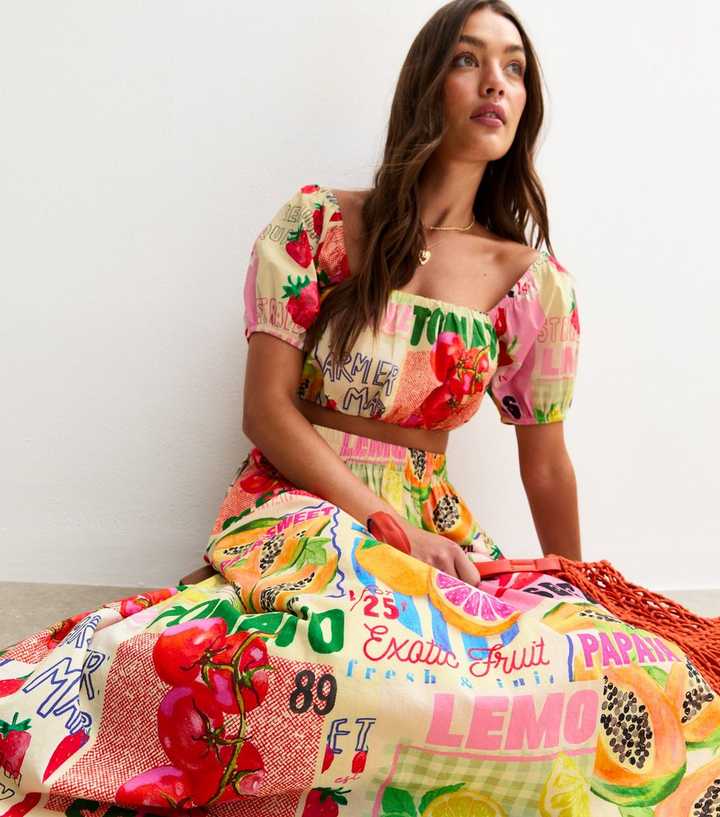 Multicoloured Fruit Print Midi Skirt | New Look