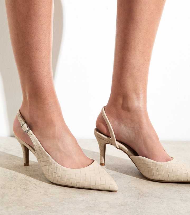 Wide Fit Comfort Off White Embossed Faux Leather Slingback Court Shoes ...