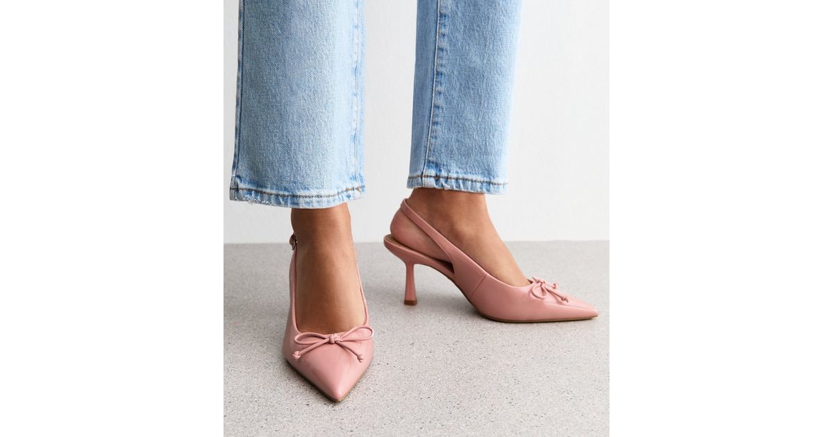 Wide Fit Pink Faux Patent Bow Applique Slingback Pumps | New Look