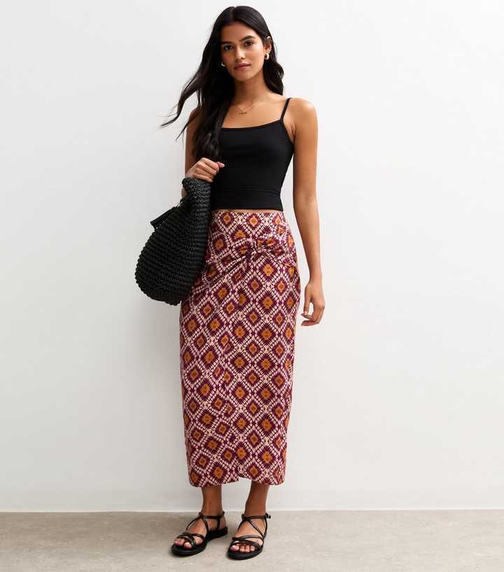 Burgundy Diamond Pattern Sarong Midi Skirt | New Look