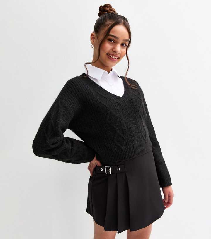 Girls Black Cable Knit V Neck School Jumper | New Look