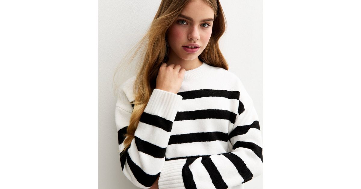 Girls White Striped Side Slit Jumper | New Look