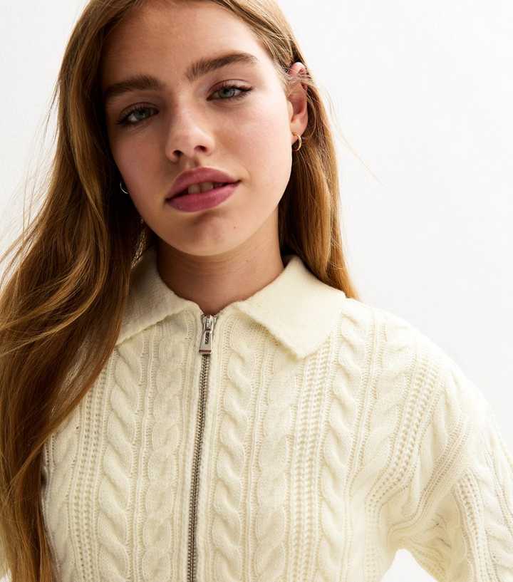 Girls Cream Cable Knit Zip Through Cardigan | New Look