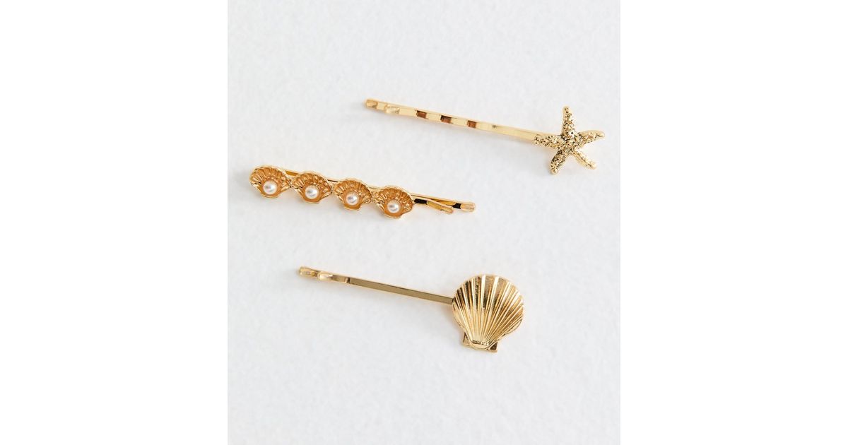Pack of 3 Gold Tone Shell Hair Slides | New Look