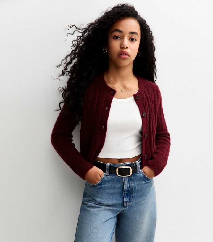 Girls Burgundy Cable Knit Cardigan | New Look