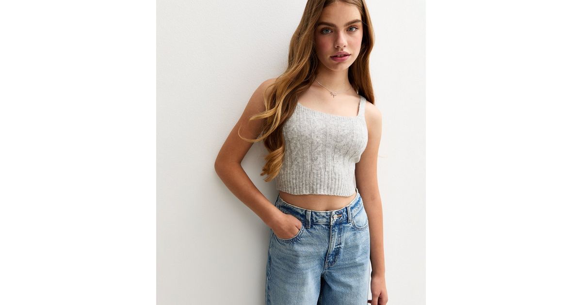 Girls Grey Square Neck Cable Knit Cami Top | New Look