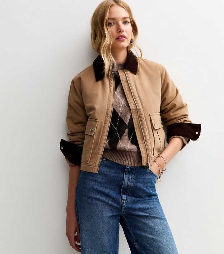Tan Contrast Collar Cropped Barn Jacket | New Look