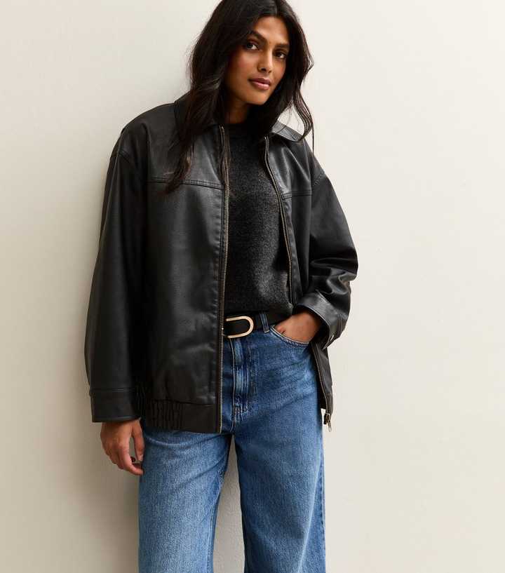Black Oversized Washed Faux Leather Jacket | New Look