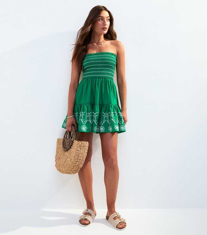 Green Embroidered Bandeau Mini Dress | New Look