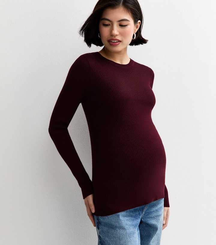 Maternity Dark Burgundy Rib Crew Neck Jumper | New Look