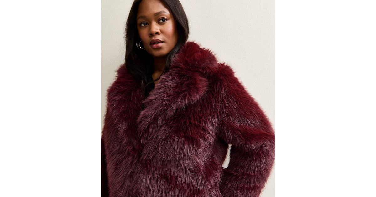 Curves Dark Burgundy Shaggy Faux Fur Jacket | New Look