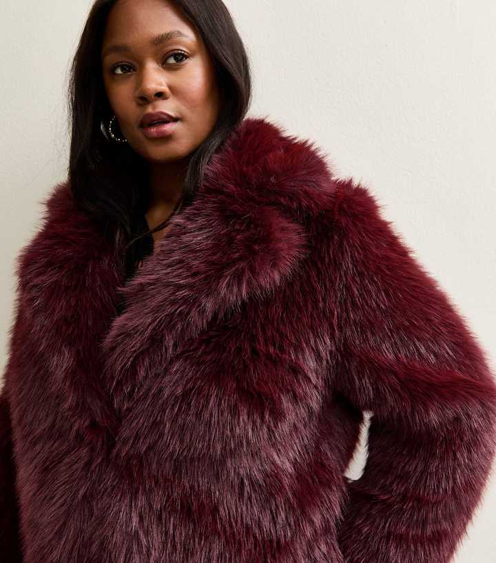 Curves Dark Burgundy Shaggy Faux Fur Jacket | New Look