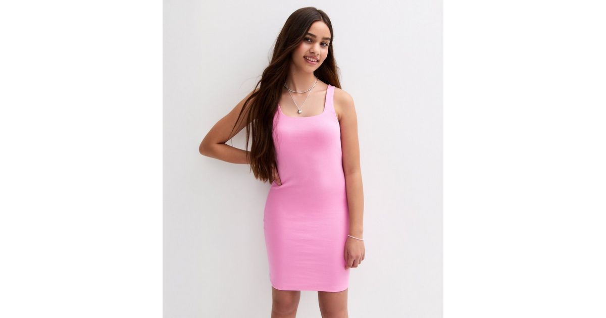 Girls Bright Pink Square Neck Rib Dress | New Look