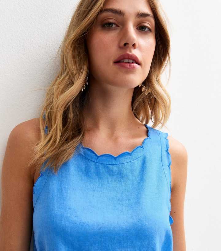 Bright Blue Linen Blend Scalloped Edges Vest | New Look