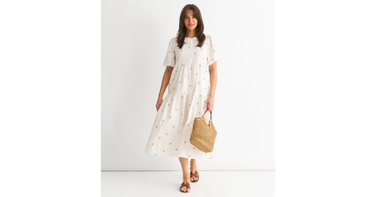 Gini London White Floral Embroidered Tiered Midi Smock Dress | New Look