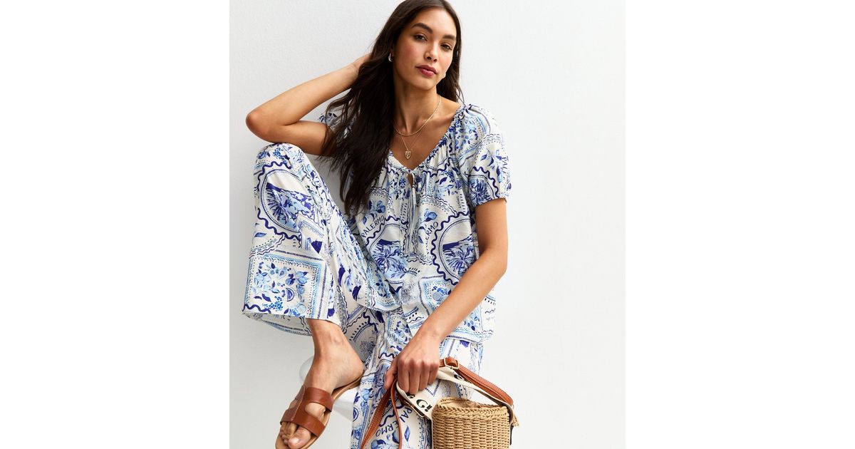 Blue Palermo Print V-Neck Top | New Look