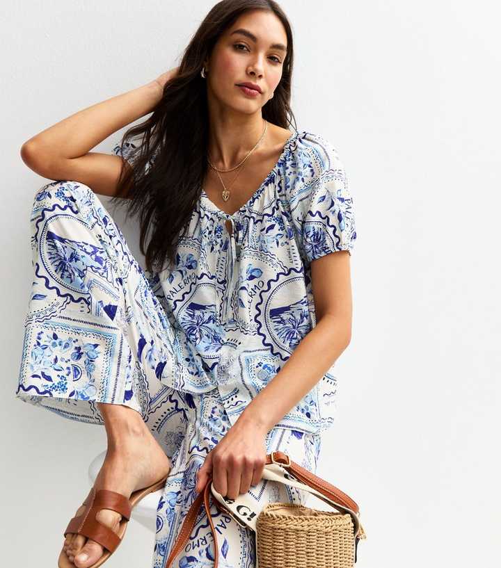 Blue Palermo Print V-Neck Top | New Look