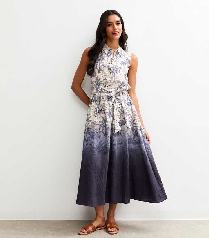 White Blue Ombre Palm Tree Print Midi Shirt Dress | New Look