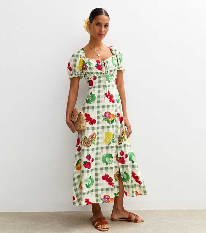 Green Checked Fruit Print Milkmaid Midi Dress | New Look