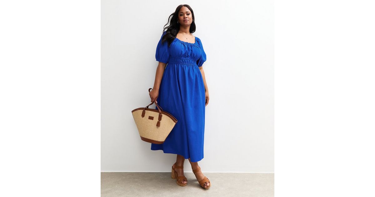 Curves Bright Blue Milkmaid Puff Sleeve Midi Dress | New Look