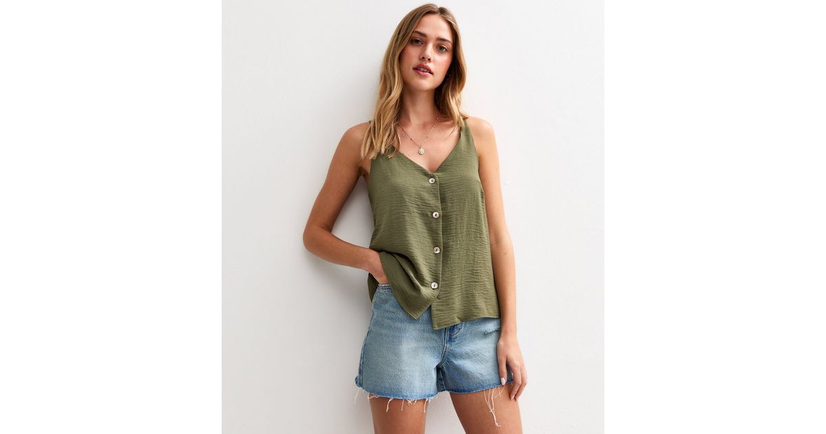 Dark Khaki Button Through Cami Top | New Look