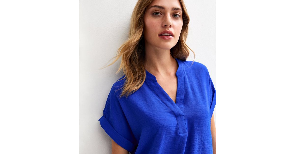 Blue Crinkled Collared Top | New Look