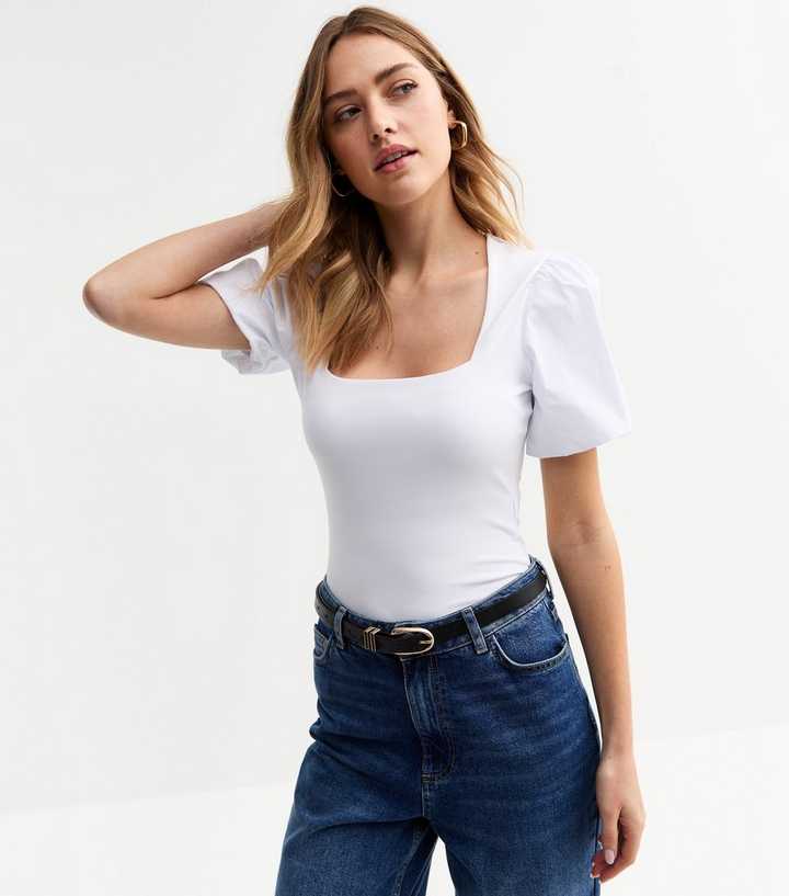 White Square Neck Contrast Sleeve Top | New Look