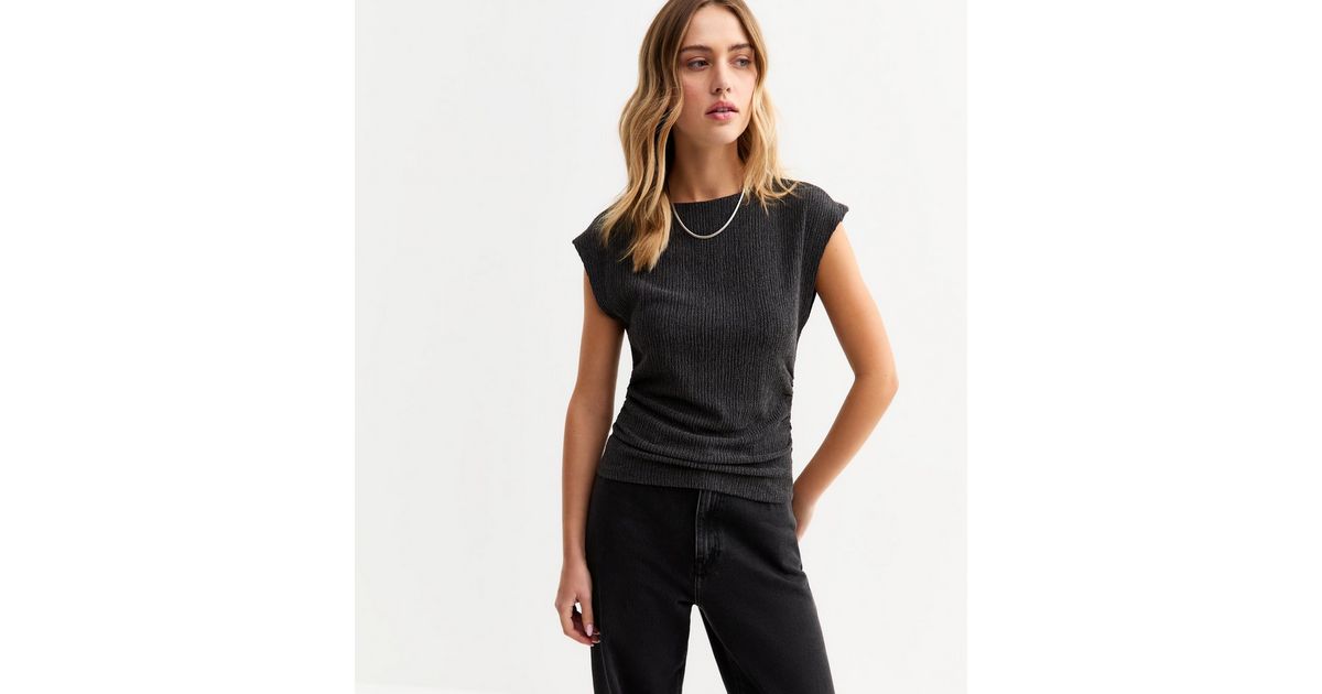 Black Textured Ruched Side Top | New Look