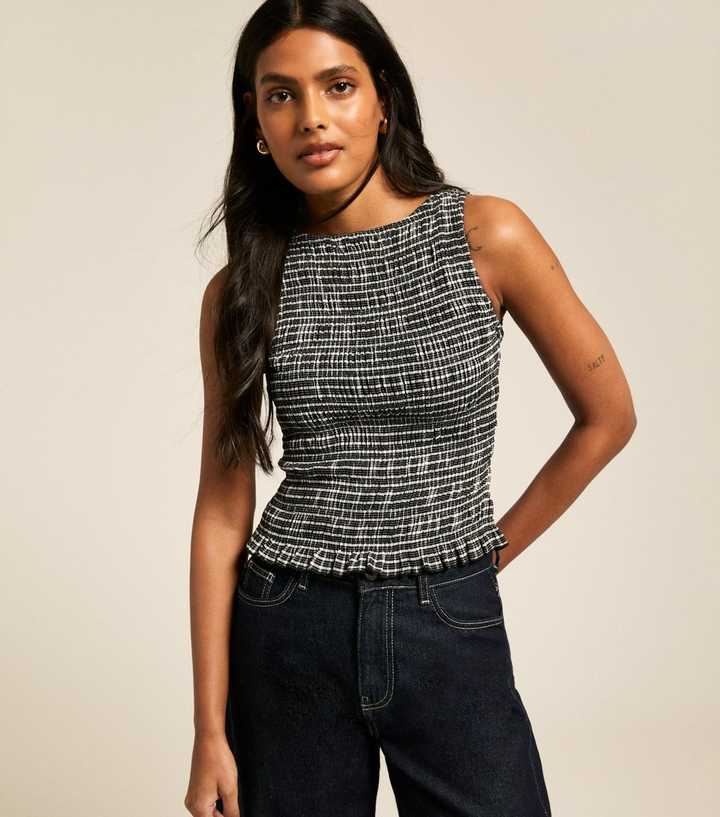 Black Checked Shirred Vest | New Look
