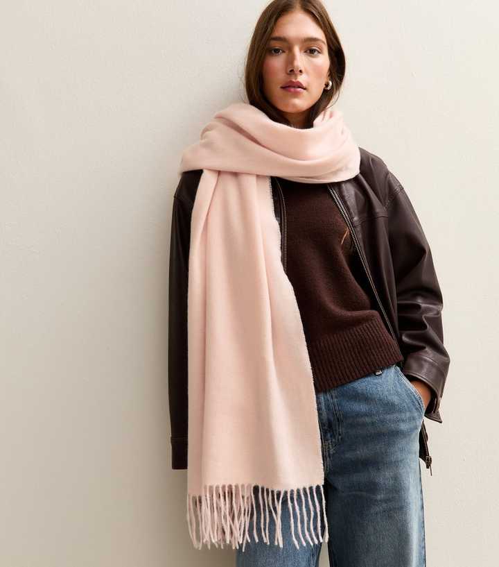 Light Pink Long Fringed Midweight Knit Scarf | New Look