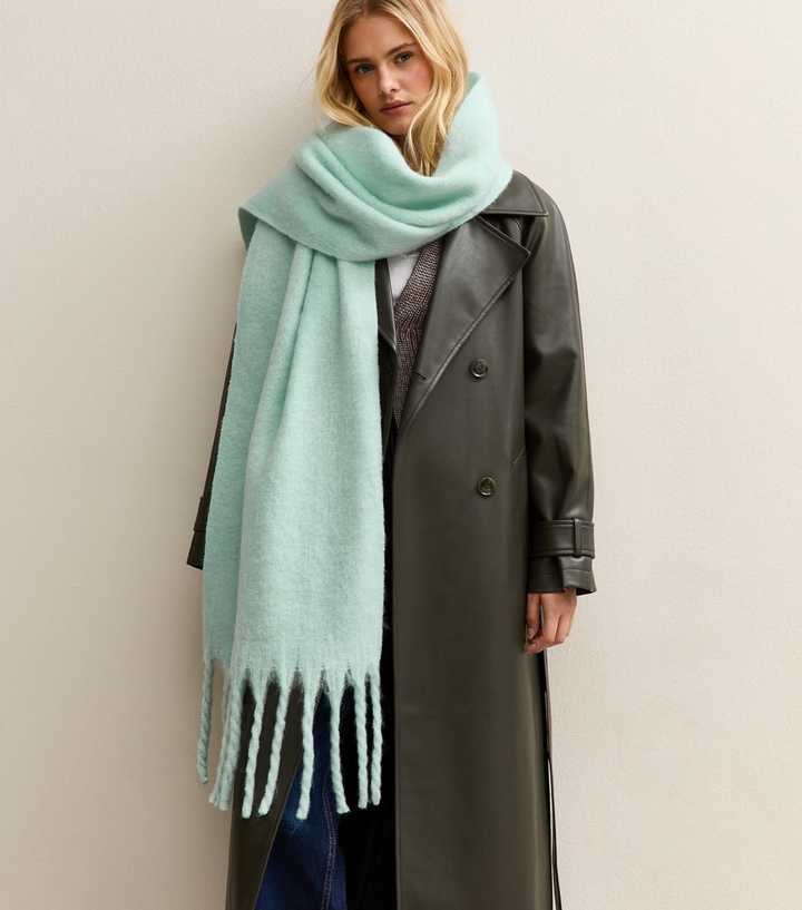 Mint Green Brushed Fringed Edge Heavyweight Scarf | New Look