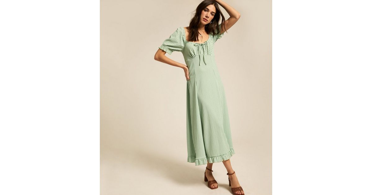 Green Crinkled Gingham Check Midi Dress | New Look